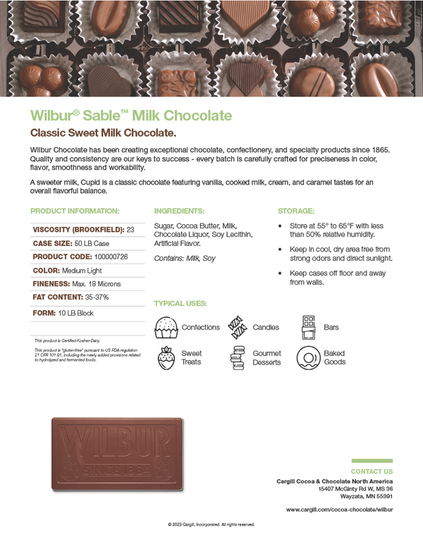 Wilbur Sable Milk Chocolate Block 23 (85 Viscosity) 50 lb CTN